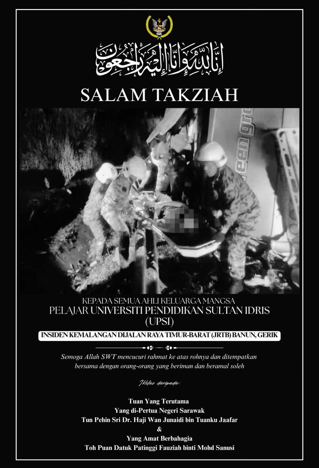 Tun Wan Junaidi, Toh Puan Fauziah ucap takziah atas tragedi nahas bas ...