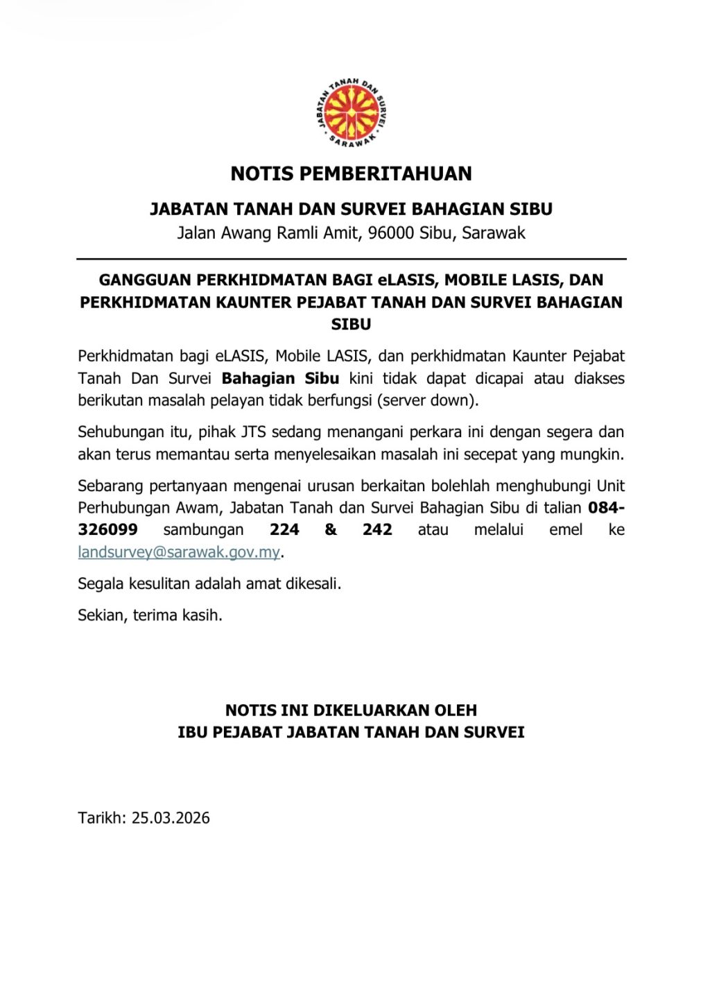 Sistem eLASIS, Mobile LASIS dan kaunter JTS Sibu tergendala - UTUSAN ...