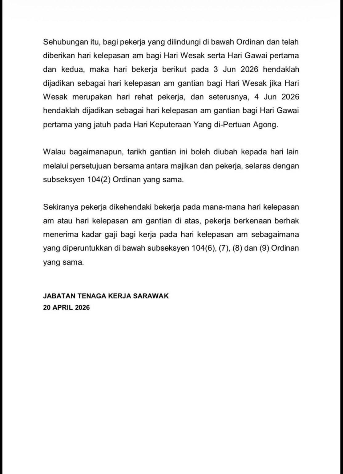 Pekerja di Sarawak dapat cuti gantian 3 dan 4 Jun 2026 susulan ...